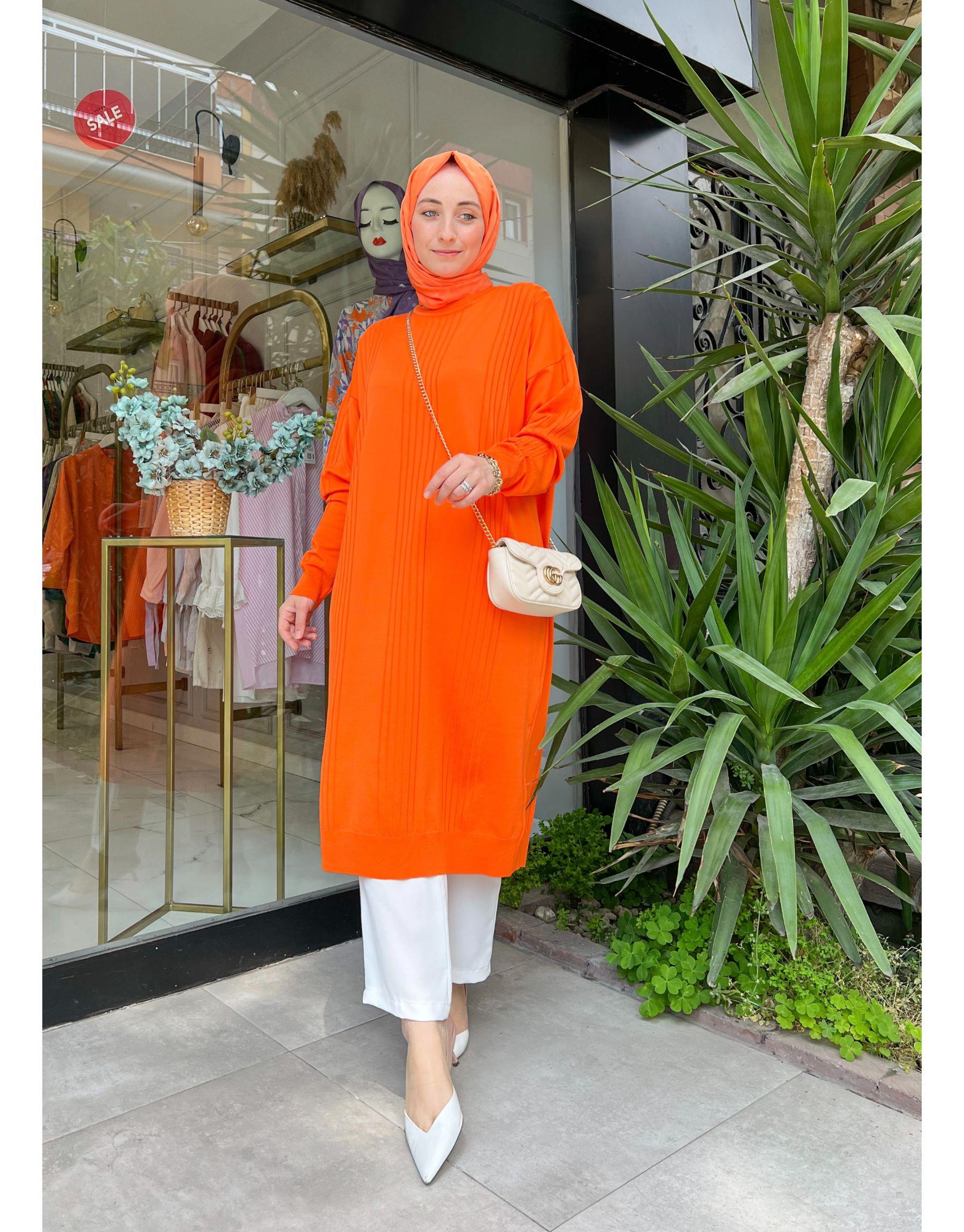 Bayan Oranj 423 Yeni Uzun boy Merserize Tunik | Merve Karaca