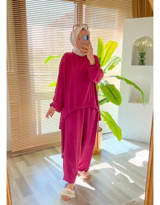 Bayan Fuşya Şalvar Pantolonlu Takım | Merve Karaca