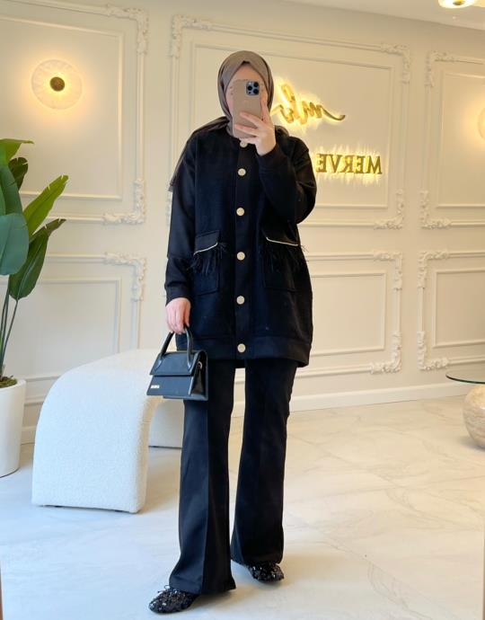 Bayan Siyah 2447 Cep Kapağı Tüylü Takım | Merve Karaca