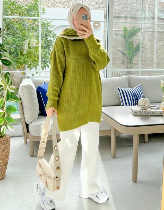 Bayan Yağ Yeşili 50550 Yakalı Kazak | Merve Karaca