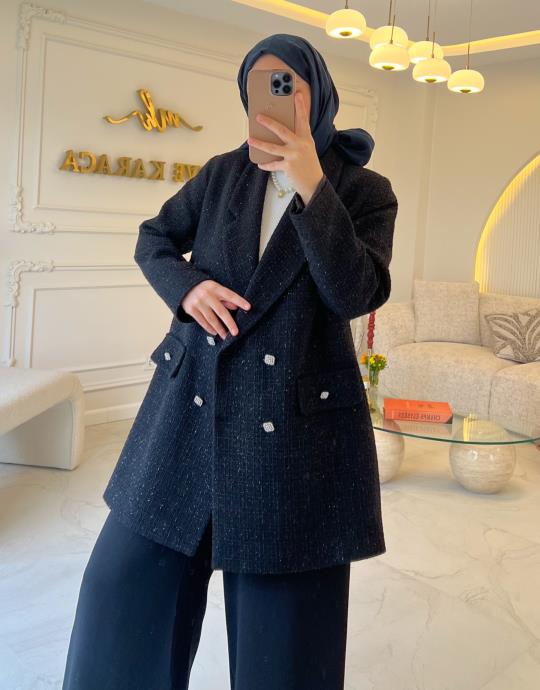 Bayan Siyah 953 Blazer Simli Ceket | Merve Karaca