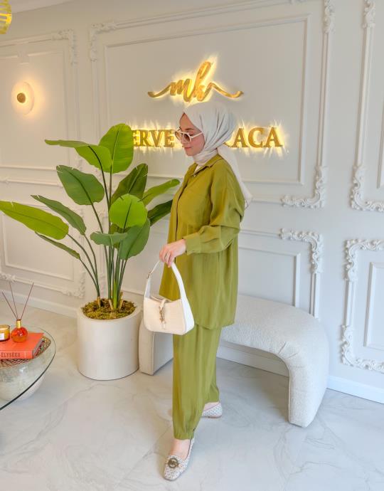 Bayan Yağ Yeşili Modal Krep Takım | Merve Karaca