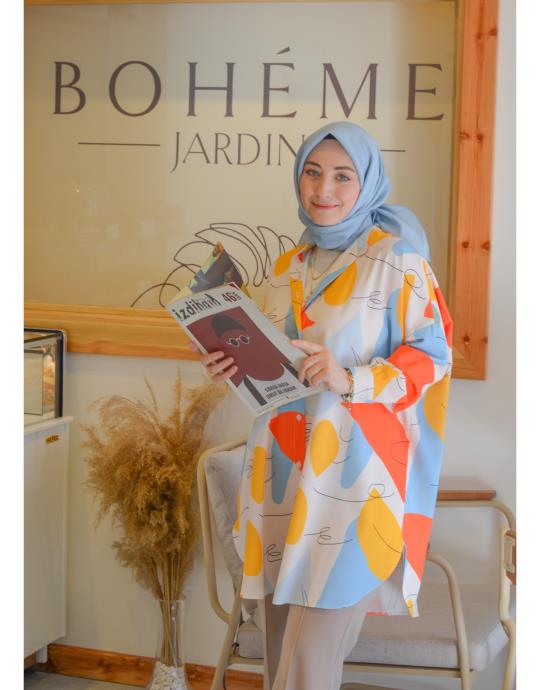 Bayan Mavi Ema Renk Kombineli Gömlek | Merve Karaca